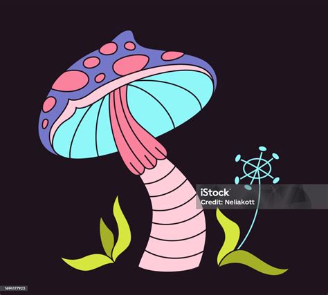 버섯 히피 복고풍 포스터 유독 한 환각적인 추상 그림 요술 곰팡이 벡터 외형선에 대한 스톡 벡터 아트 및 기타 이미지 외형선 다중 색상 디자인 Istock