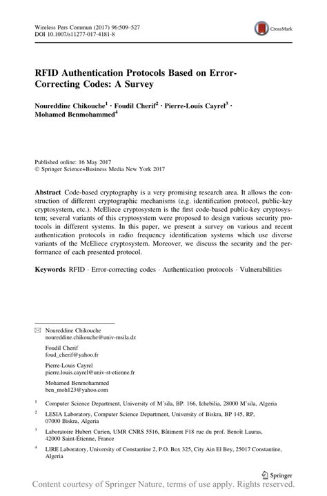 Rfid Authentication Protocols Based On Error Correcting Codes A Survey Request Pdf