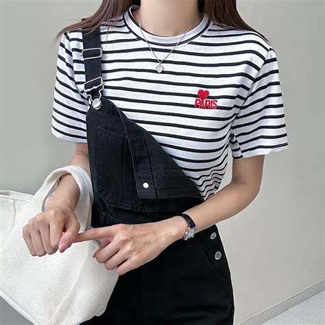 러브 파리스 자수레터링 스트라이프 퍼프 반팔티셔츠 3컬러