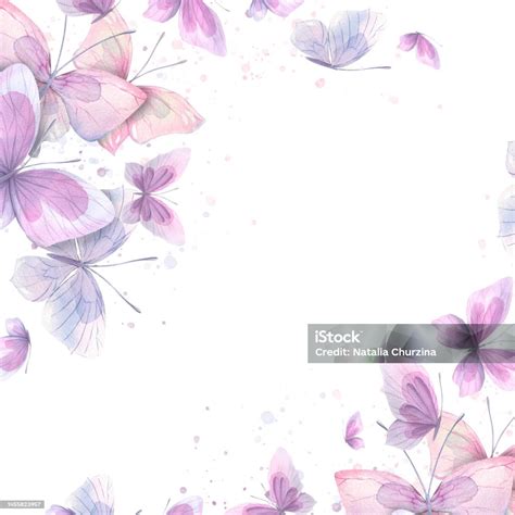 라일락 분홍색 및 파란색 나비와 페인트가 튀어 있습니다 수채화 그림입니다 고양이와 나비 컬렉션의 템플릿입니다 인쇄물 엽서