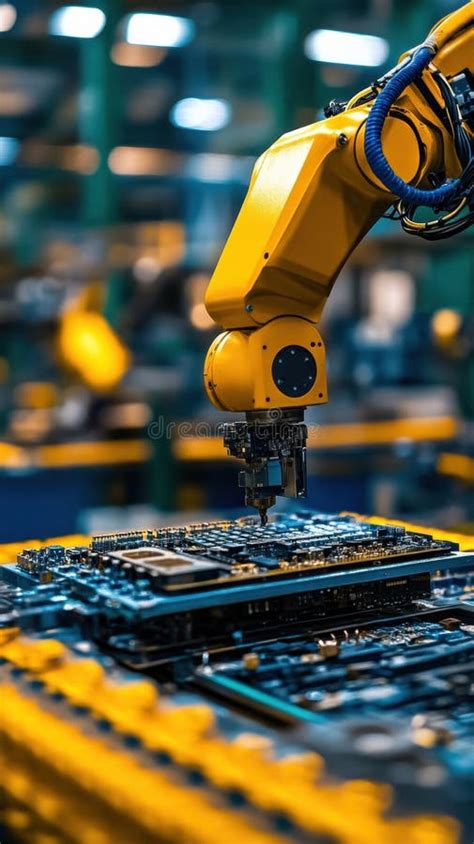 Industrial Robotic Arm Working On A Microchip Assembly Line Stock Image Image Of Microchip