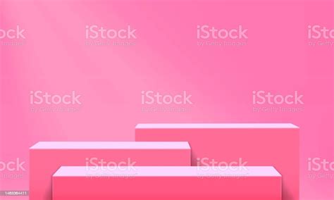 제품 전시 발표를 위한 3d 분홍색 기하학적 모양 연단 받침대 플랫폼 디자인이 있는 파스텔 스튜디오 룸 장면 최소한의 벽 장면