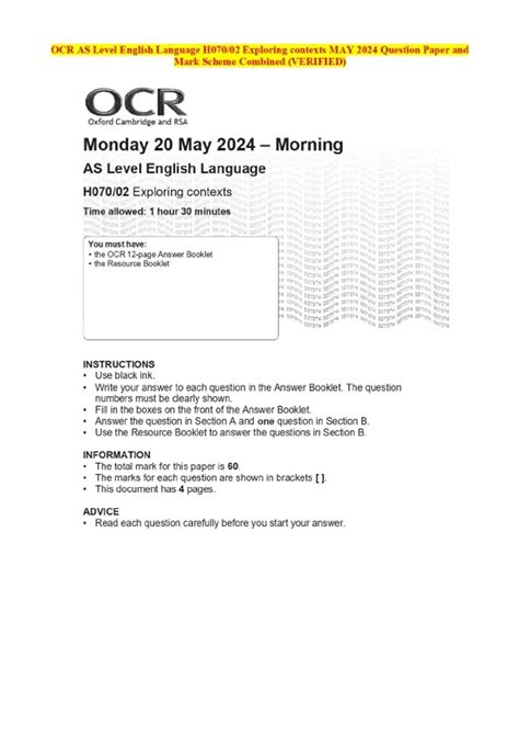 2024 Ocr As Level English Language H07002 Exploring Contexts May Question Paper And Mark Scheme