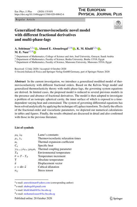 Pdf Generalized Thermoviscoelastic Novel Model With Different Fractional Derivatives And Multi