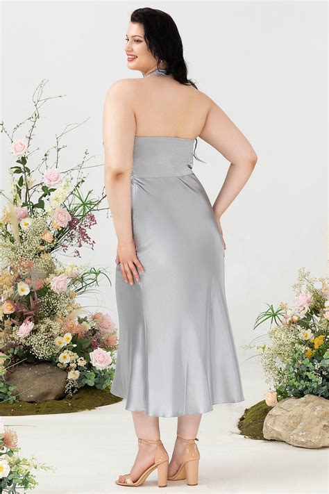 Zapaka Women Silver Plus Size Wedding Guest Dress Sheath Halter Neck