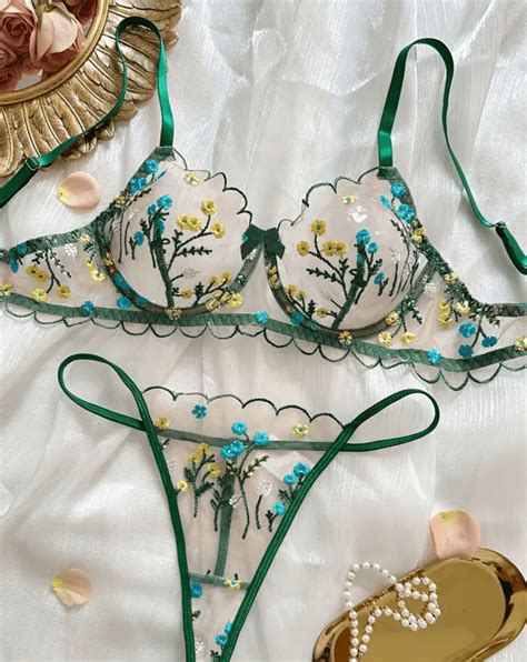 Green Lingerie Floral Set Sheer Self Care Shop