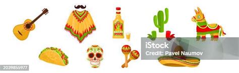 멕시코 개체 및 기호 기타 판초 데킬라 선인장 라마 두개골 마라카 솜브레로 모자 벡터 세트 0명에 대한 스톡 벡터 아트 및 기타 이미지 Istock