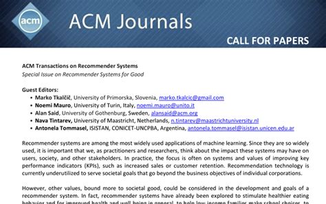 Acm Tors Call For Papers Special Issue On Recommender Systems For Good Rsc