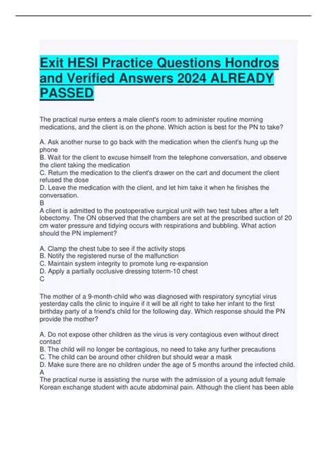 BEST ANSWERS Exit HESI Practice Questions Hondros And Verified Answers 2024 ALREADY PASSED