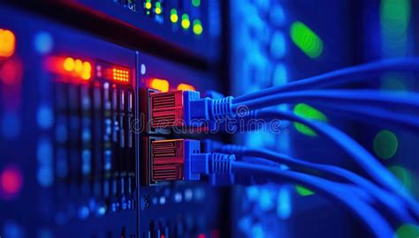 Close Up Shot Of Network Cable Connected To Core Switch In Network