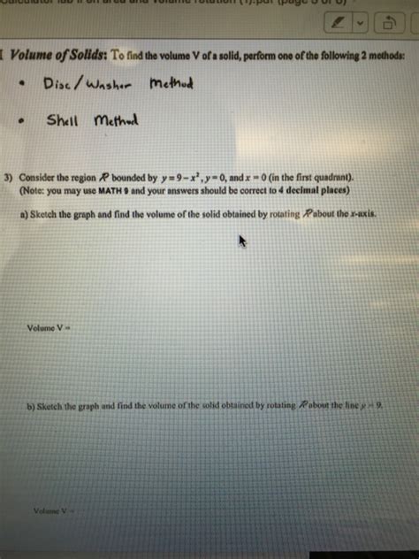 Solved Volume Of Solids To Find The Volume V Of A Solid Chegg Com
