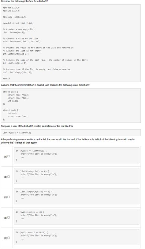 Solved Consider The Following Interface For A List ADT Chegg Com