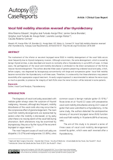 Pdf Vocal Fold Mobility Alteration Reversed After Thyroidectomy