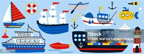 보트 및 선박 세트 만화 손 은 화려한 항해 유치한 컬렉션 항해 요트 요트 요트와 잠수함 구명 부표와 앵커 어린이 디자인 요소를 그린 아기 모험과 여행 벡터 고립 된 세트