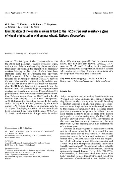 Pdf Identification Of Molecular Markers Linked To The Yr15 Stripe