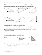 Lesson P The Pythagorean Theorem Pdf Lesson The