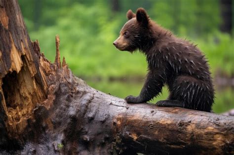 Premium AI Image Bear Cub Looking Curiously At A Smoldering Tree Stump