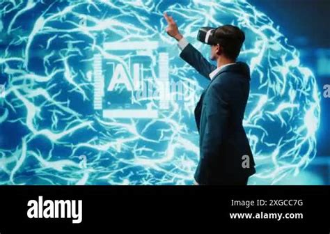 Computer Scientist Wearing Vr Headset Looking At Hologram Of Artificial Intelligence Human Brain