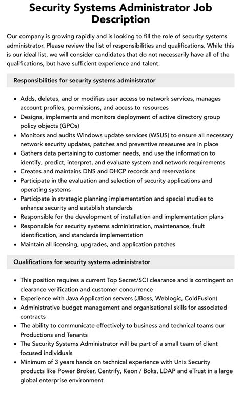 Security Systems Administrator Job Description Velvet Jobs