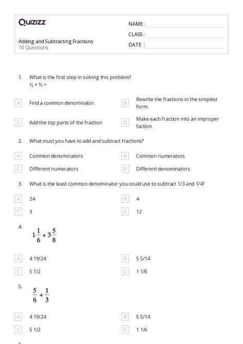 50 Subtracting Fractions Worksheets For 6th Class On Quizizz Free And Printable
