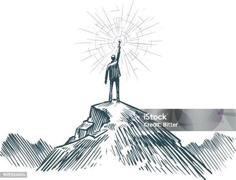 남자 성화와 함께 산 꼭대기에 서 있다 비즈니스 목표 성공 발견 개념 달성 스케치 벡터 일러스트 레이 션 교육에 대한 스톡 벡터 아트 및 기타 이미지 Istock