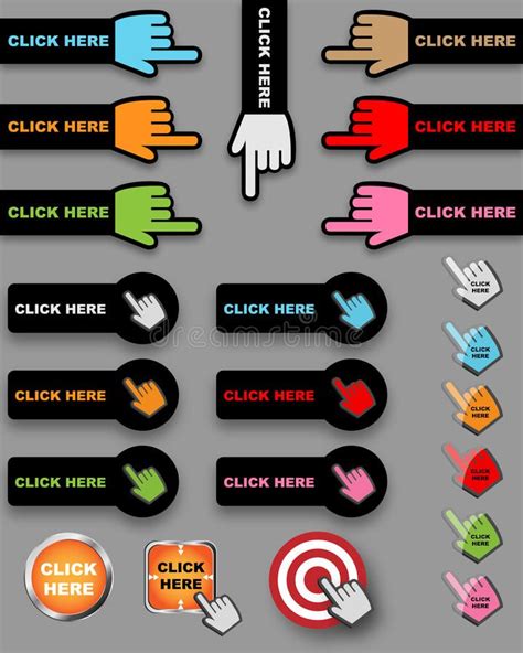 click here buttons set of click here buttons or icons with hand cursor