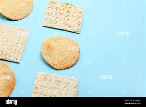 Different Jewish Flatbread Matza For Passover On Color Background Stock