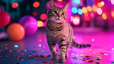 Tabby Cat Energetically Dancing Amidst Colorful Lights And Confetti Celebration Party Scene