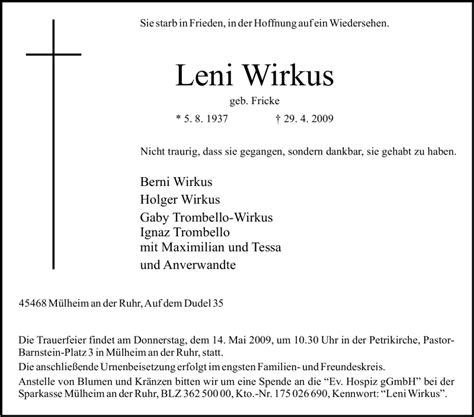 Traueranzeigen Von Leni Wirkus Trauer In Nrw De