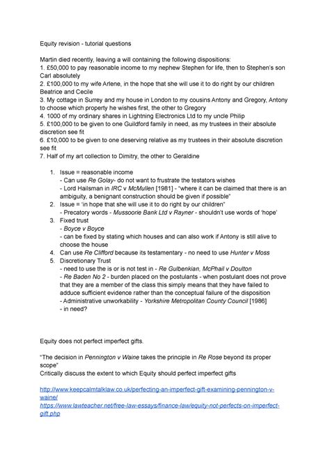 Equity 1 Revision Tutorial Questions Equity Revision Tutorial Questions Martin Died