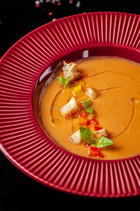 Begrepp Av Spansk Kokkonst Tomatsoppa Gazpacho Från Nya Tomater Härlig Tjänande Som Disk I En