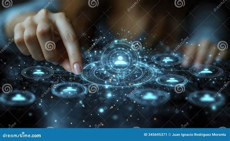 Hand Interacting With Holographic User Profile Network Interface Stock