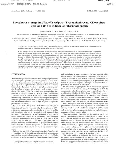 Pdf Phosphorus Storage In Chlorella Vulgaris Trebouxiophyceae Chlorophyta Cells And Its