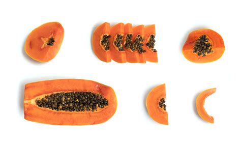 흰색 배경에 고립 된 잘 익은 파파야 슬라이스 세트 신선한 과일 원시 유기농 건강 식품 식료품 및 슈퍼마켓 요리 및 먹는 제품 0명에 대한 스톡 사진 및 기타 이미지