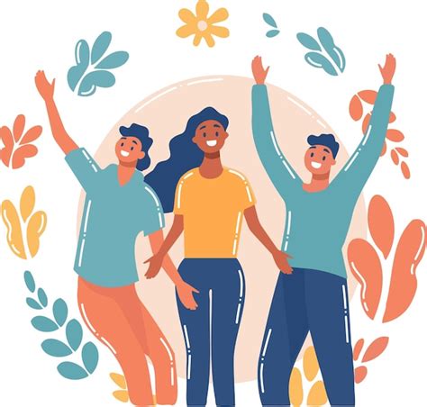 Le groupe de personnages dessinés à la main est heureux dans un style plat Vecteur Premium