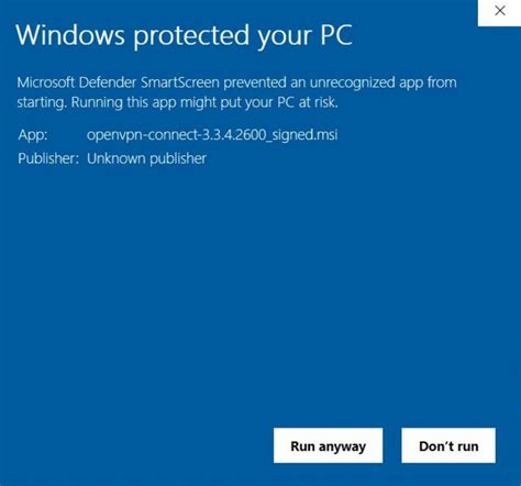 Access Server OpenVPN Connect Installer Is Not Signed Trusted By Microsoft Defender SmartScreen