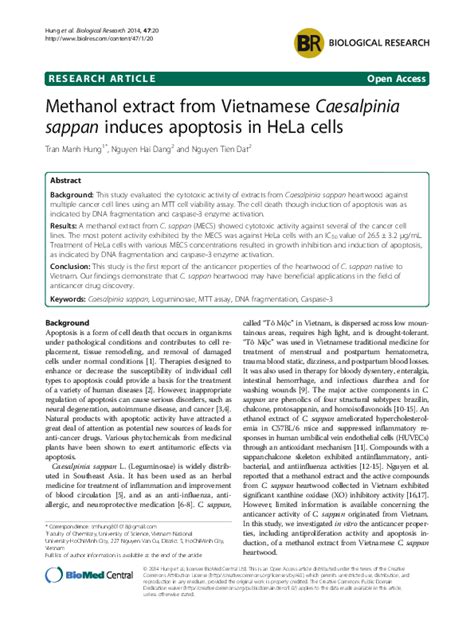Pdf Methanol Extract From Vietnamese Caesalpinia Sappan Induces Apoptosis In Hela Cells