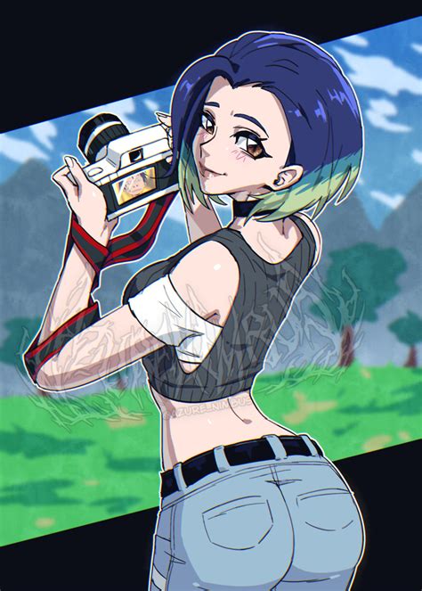Rule 34 1girls Ass Azure Nimbus Back View Blue Hair Brown Eyes Camera