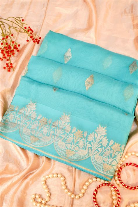 Elegant Aqua Blue Muslin Organza Saree With Birds Motif Meenakari Bord