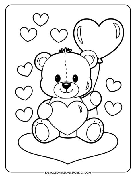 Valentine Hearts And Teddy Bear Coloring Page