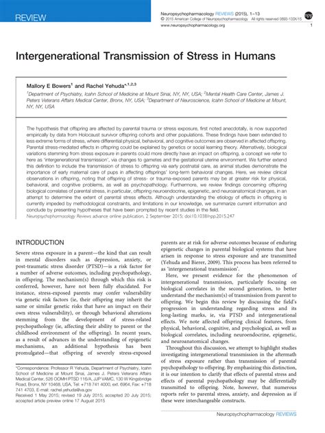 Pdf Intergenerational Transmission Of Stress In Humans