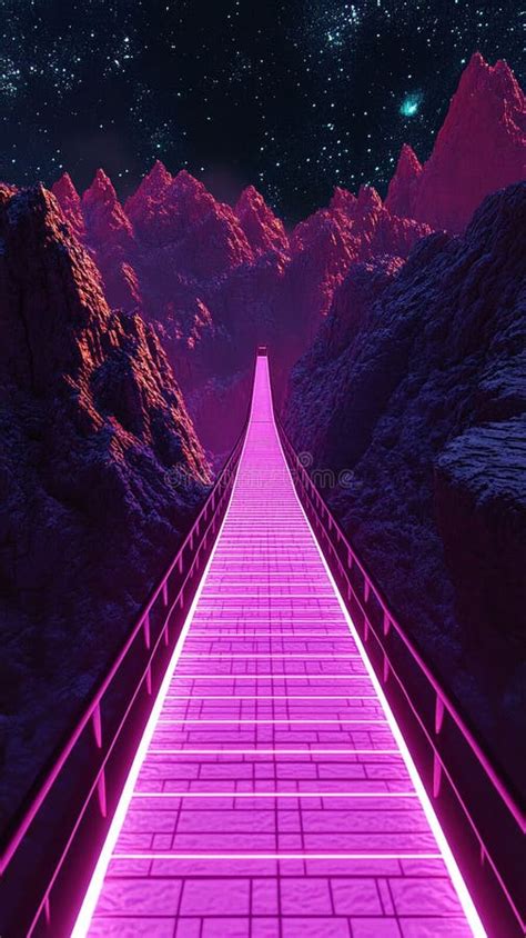 A Neon Lit Bridge Stretching Across A Vast Digital Abyss Stock Illustration Illustration Of