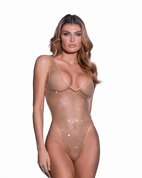 Sexy Nude Crystal Rhinestone Fishnet Thong See Through Bodysuit
