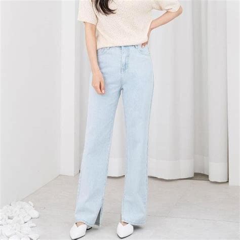 여성 와이드 청바지 밑단 절개 일자핏 데님팬츠 연청 S8885915 Ssgcom