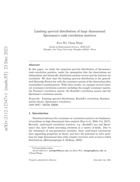 Pdf Limiting Spectral Distribution Of Large Dimensional Spearmans Rank Correlation Matrices