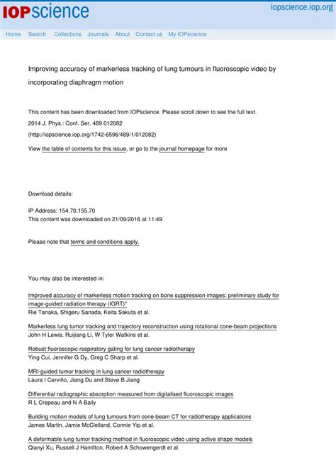 Pdf Improving Accuracy Of Markerless Tracking Of Lung Tumours In Fluoroscopic Video By