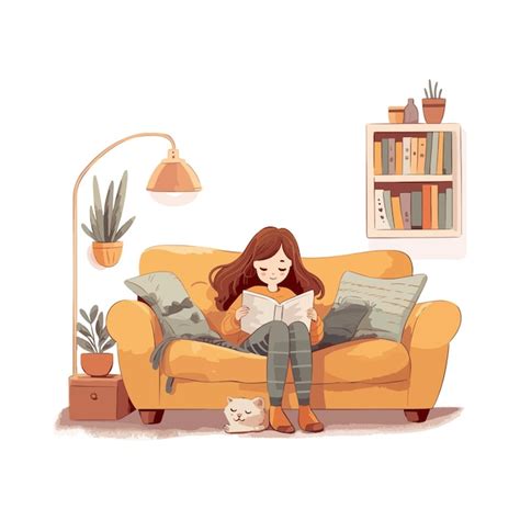 Illustrazione Vettoriale Di Una Ragazza Che Legge Un Libro Su Un Comodo