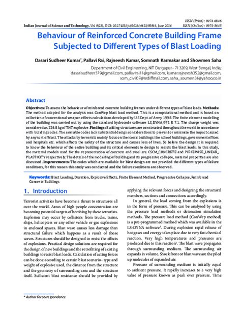Pdf Behaviour Of Reinforced Concrete Building Frame Subjected To Different Types Of Blast Loading