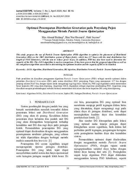 Pdf Optimasi Penempatan Distribution Generation Pada Penyulang Pujon