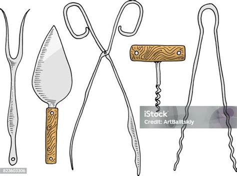 청 어 또는 케이크 주걱 아스파라거스 집게 코르크 및 제과 집게 포크 요리사와 주방 용품 요리 메뉴 장식 물건 오래 된 스케치와 빈티지 스타일에 새겨진된 핸드 0명에 대한